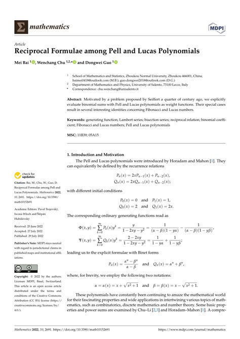 pdf reciprocal formulae among pell and lucas polynomials