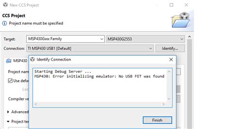 CCS MSP430G2553 MSP430 Error Initializing Emulator No USB FET Was