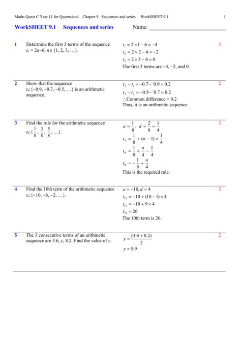 worksheets on sequence and series