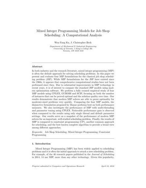 pdf mixed integer programming models for job shop scheduling a … · 2016 04 25 · mixed integer