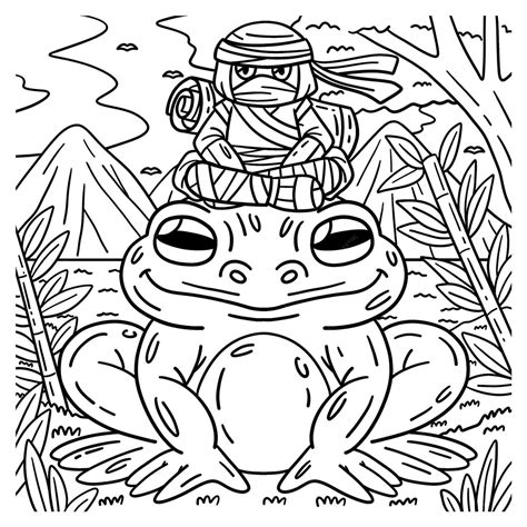 Une Page à Colorier Mignonne Et Amusante Dun Ninja Sur Une énorme Grenouille Offre Des Heures