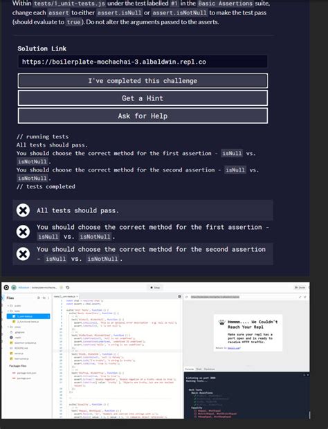 the replit solution link fails tests even though replit project passes tests javascript the