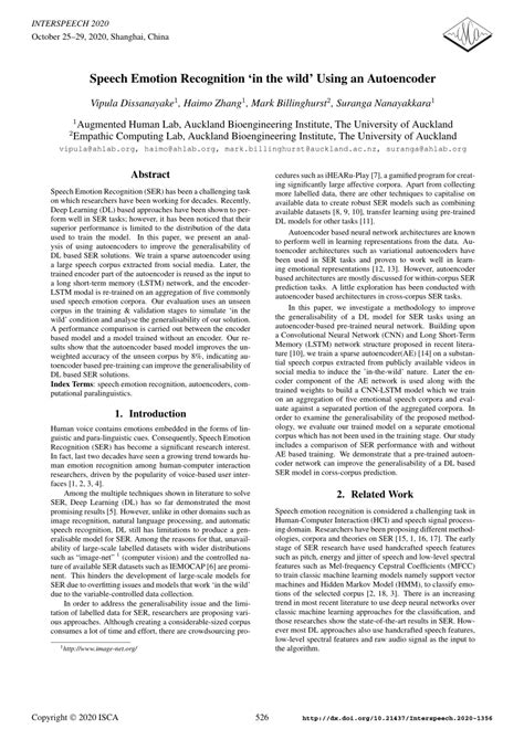 pdf speech emotion recognition ‘in the wild using an autoencoder