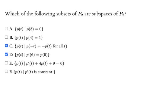 solved which of the following subsets of p2 are subspaces of