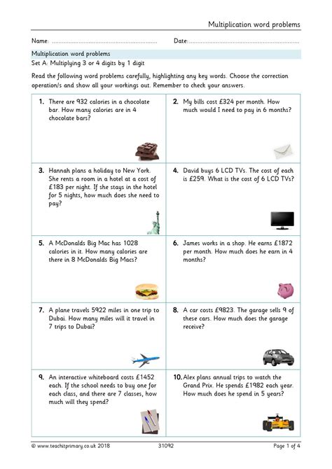 Multiplication Word Problems Maths KS2 Teachit