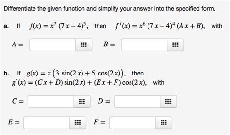 solved differentiate the given function and simplify your
