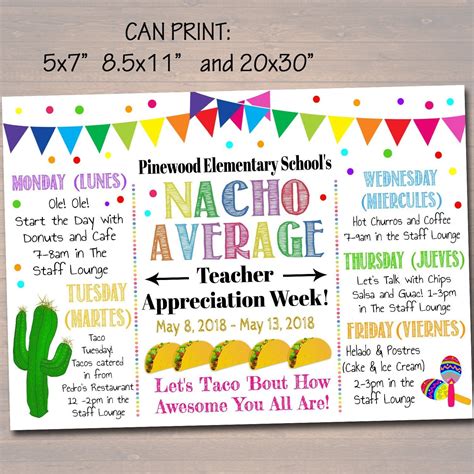 Nacho Average Teacher Appreciation Week Itinerary Poster Fiesta Theme