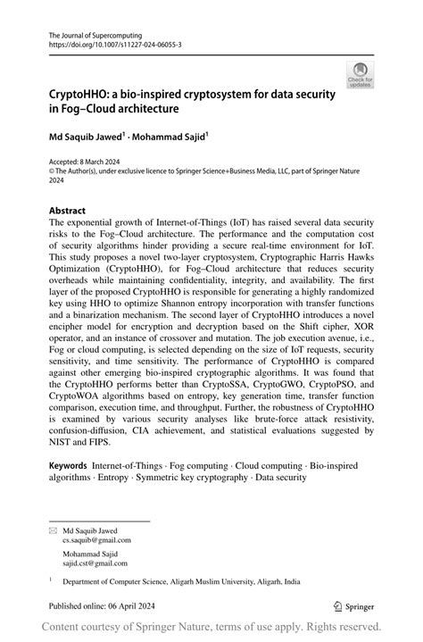 cryptohho a bio inspired cryptosystem for data security in fog cloud architecture request pdf