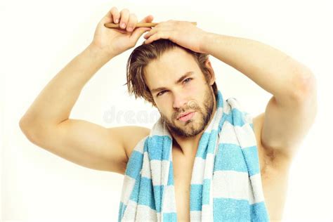 Bathing And Morning Time Concept Man With Naked Torso Stock Photo