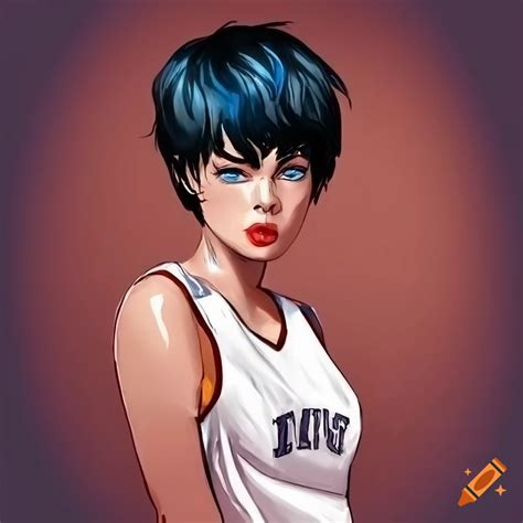 Comic Book Girl With Pixie Cut Black Hair And Blue Eyes In White Basketball Jersey Lying In Bed