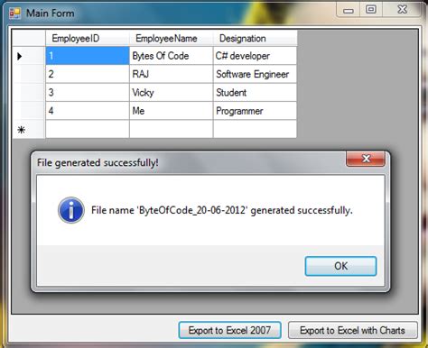 sample application to export datatable to excel create a chart data validation code blocks
