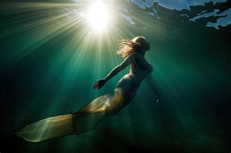 Premium Ai Image A Woman Swimming Under Water With The Sun Shining Behind Her