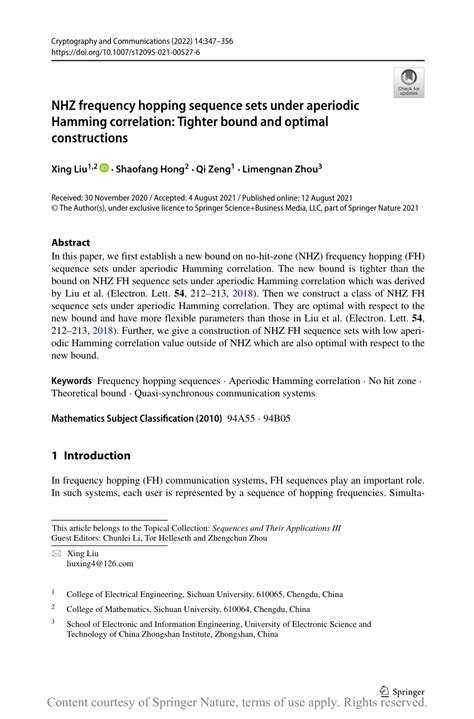 nhz frequency hopping sequence sets under aperiodic hamming correlation tighter bound and