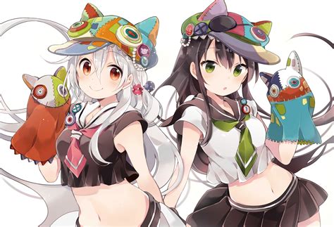 2girls Black Hair Blush Brown Eyes Chiya Urara Meirochou Gray Hair Green Eyes Harikamo Hat