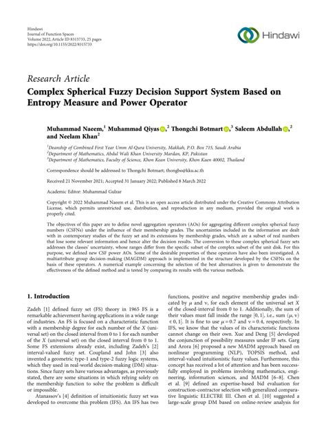 pdf complex spherical fuzzy decision support system based on entropy measure and power operator