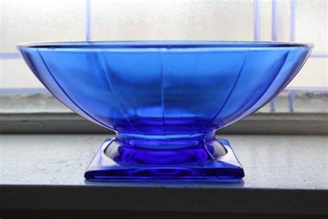 Vintage Art Deco Cobalt Blue Glass Ribbed Pedestal Bowl Etsy