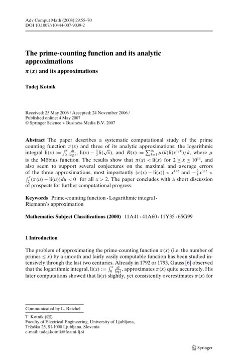 pdf the prime counting function and its analytic approximations