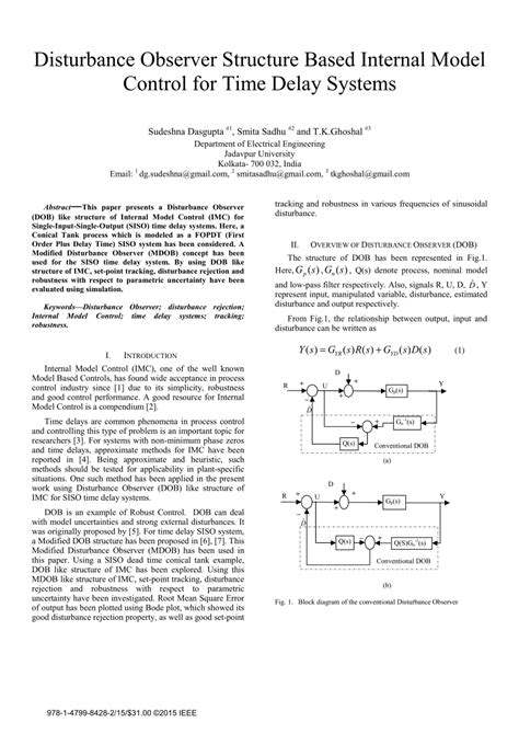 pdf disturbance observer structure based internal model control for time delay systems