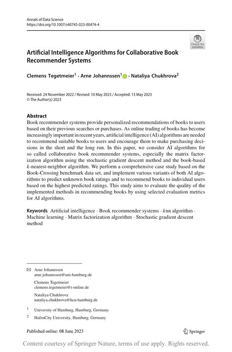 pdf artificial intelligence algorithms for collaborative book recommender systems
