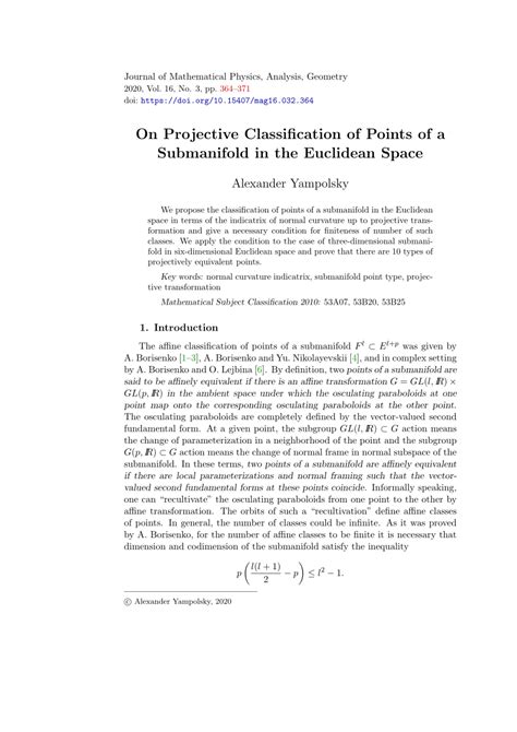 pdf on projective classification of points of a submanifold in the euclidean space