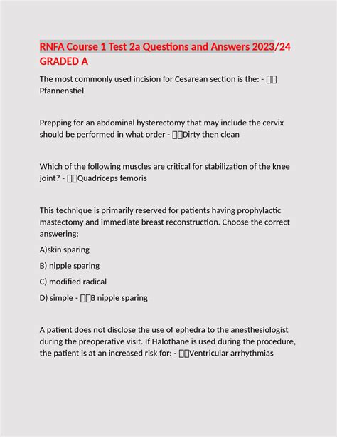 rnfa course 1 test 2a questions and answers 2023 24 graded a exams nursing docsity