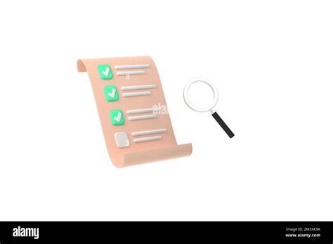 3D Checklist Paper And Hand Holding Magnifying Glass Paper With Check