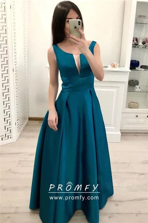 Peacock Blue Satin Scoop Neck Elegant Evening Dress Promfy