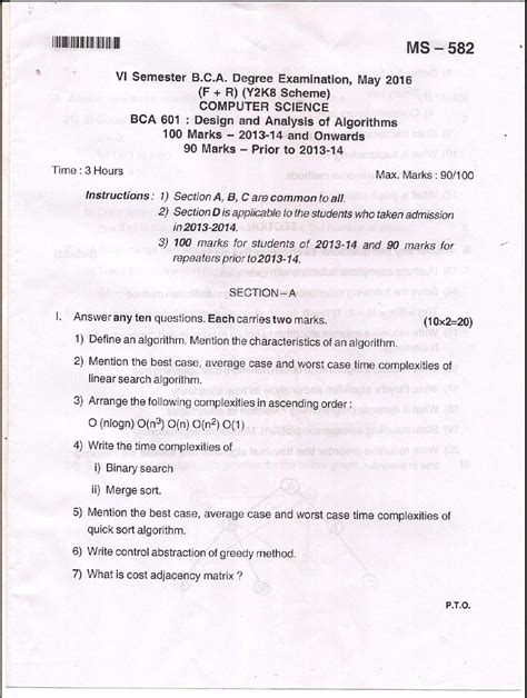 bangalore university b c a computer science bca 601 design and analysis of algorithms may