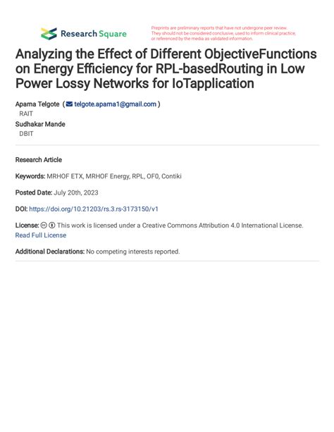 pdf analyzing the effect of different objectivefunctions on energy efficiency for rpl