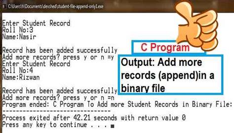 c program to append add more records in binary file
