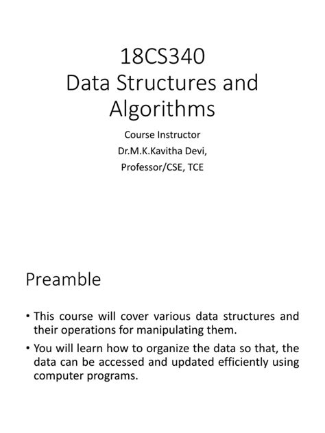 18cs340 data structures and algorithms course instructor dr m k kavitha devi professor cse