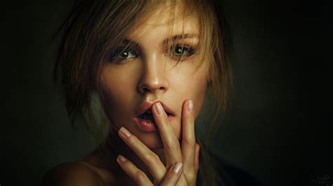 Wallpaper Women Blonde Open Mouth Green Eyes Anastasia Scheglova Hair In Face Emotion