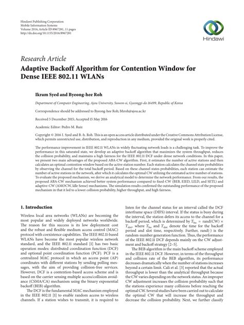 pdf adaptive backoff algorithm for contention window for dense ieee 802 11 wlans