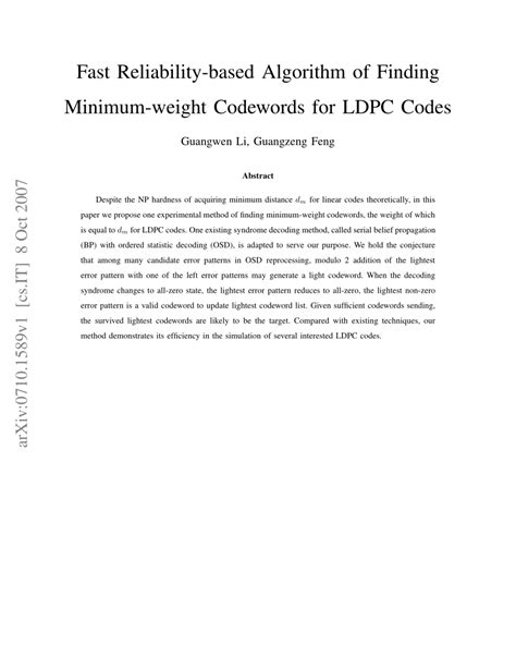 pdf fast reliability based algorithm of finding minimum weight codewords for ldpc codes