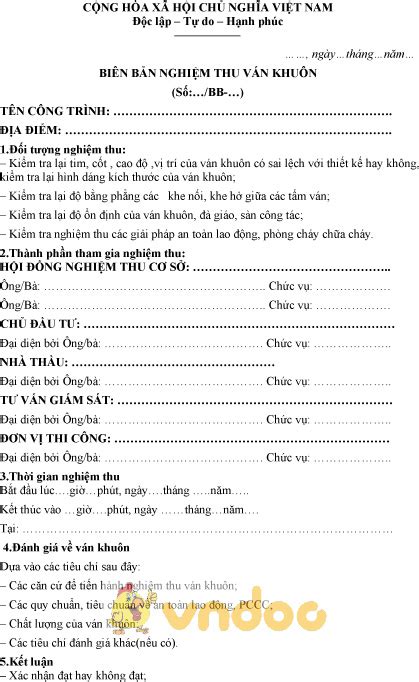 Mẫu biên bản nghiệm thu ván khuôn HoaTieu vn