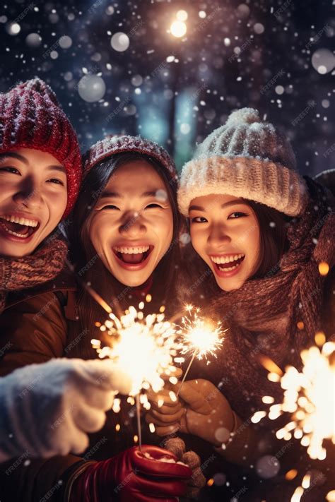 Premium Ai Image Group Of Happy Asian Friends In Warm Clothes And Playing Fireworks Outdoor