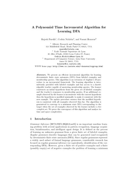 pdf a polynomial time incremental algorithm for learning dfa