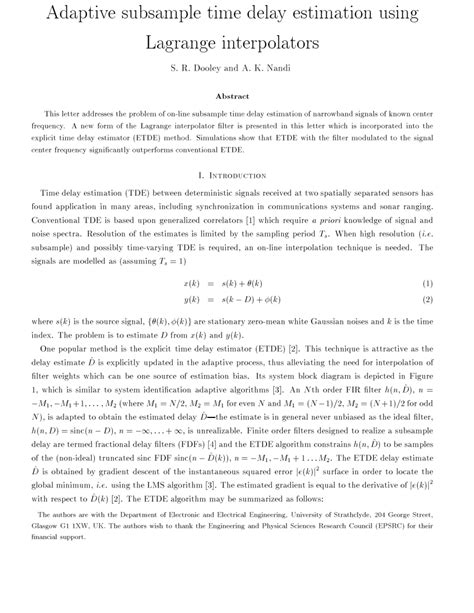 pdf adaptive subsample time delay estimation using lagrange interpolators