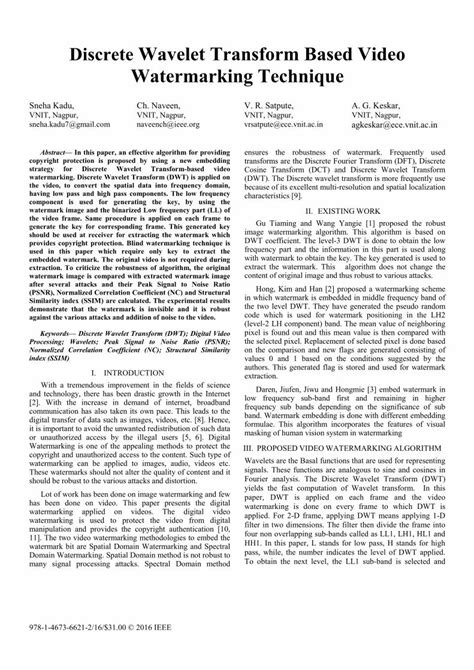 pdf discrete wavelet transform based video … wavelet transform based video watermarking