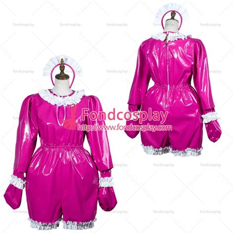 Fondcosplay Adult Sexy Cross Dressing Sissy Maid Hot Pink Thin Pvc Jumpsuits Rompers Lockable