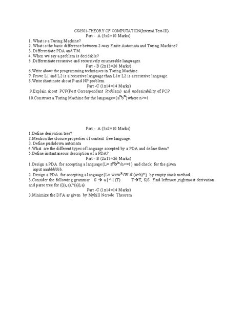 tocquestion tutorial work cs8501 theory of computation internal test iii part a 5x2 10