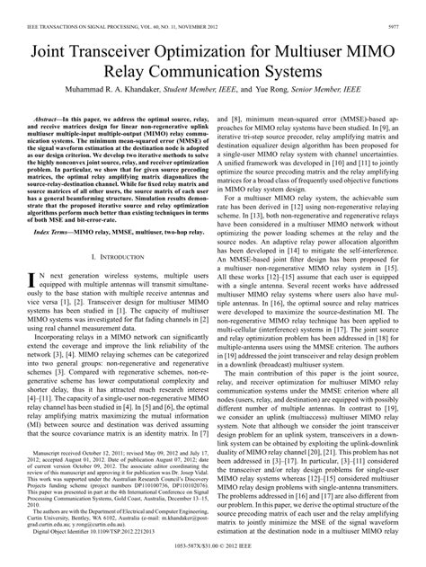 pdf joint transceiver optimization for multiuser mimo relay communication systems