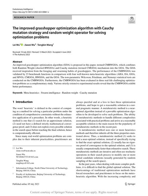 pdf the improved grasshopper optimization algorithm with cauchy mutation strategy and random