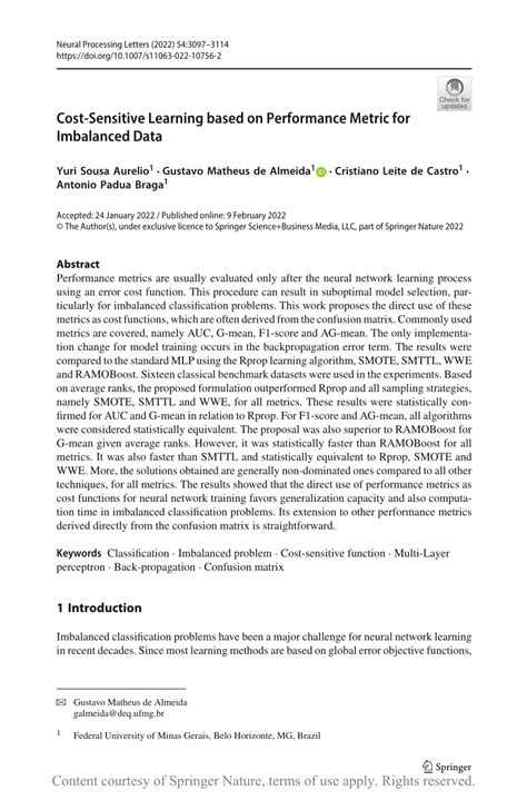 cost sensitive learning based on performance metric for imbalanced data request pdf