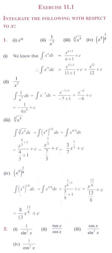 exercise 11 1 basic rules or formula of integration problem questions with answer solution