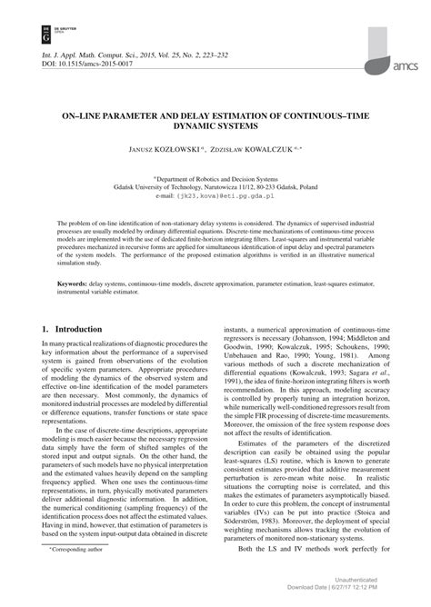 pdf on line parameter and delay estimation of continuous time dynamic systems