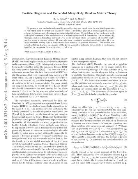 pdf particle diagrams and embedded many body random matrix theory