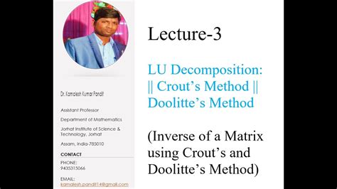 inverse of a matrix lu decomposition method crout s method doolitte s method youtube
