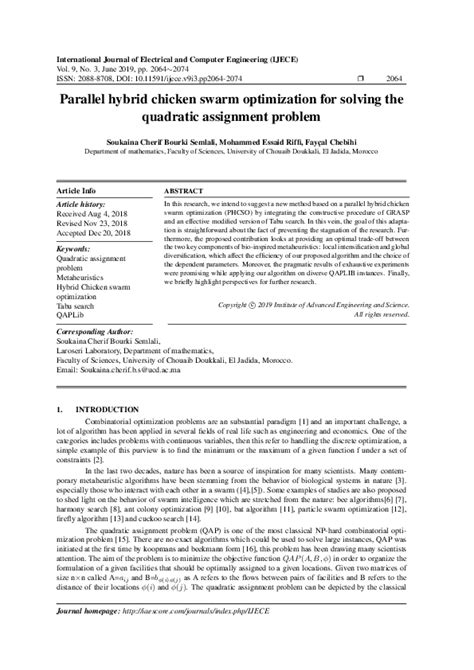 pdf parallel hybrid chicken swarm optimization for solving the quadratic assignment problem