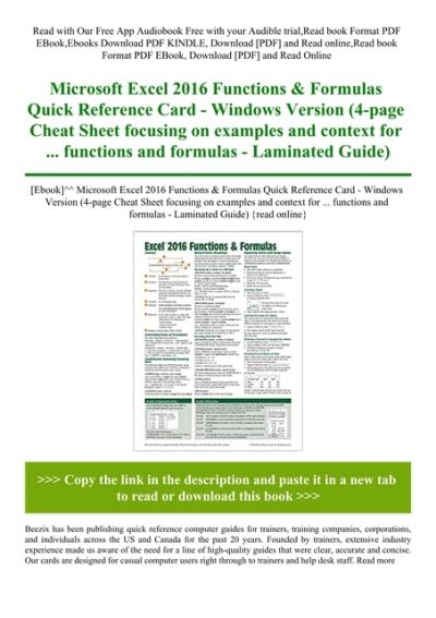 Ebook Microsoft Excel 2016 Functions Formulas Quick Reference